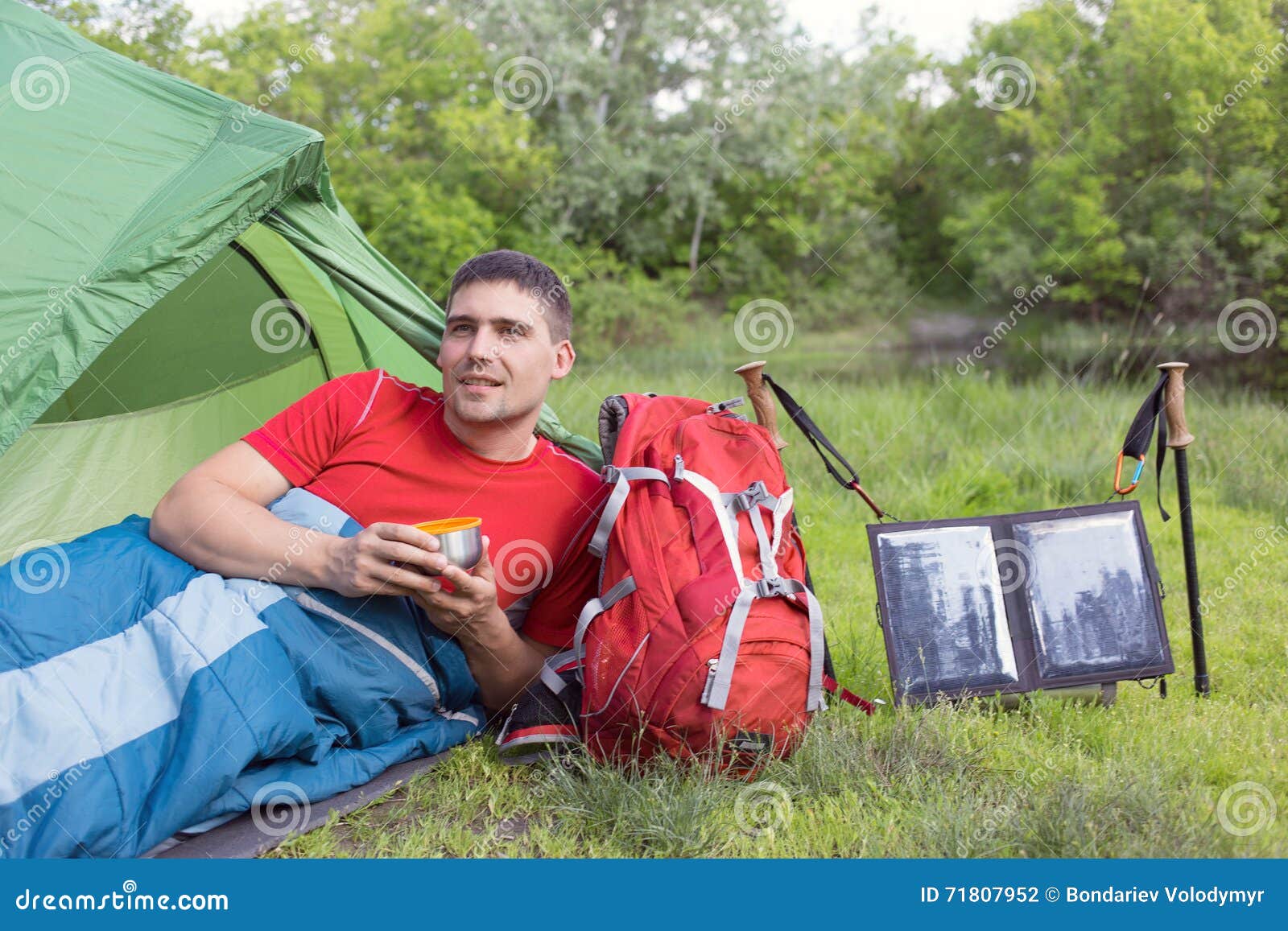 The Man at the Campsite in the Woods . Stock Photo - Image of mountains ...