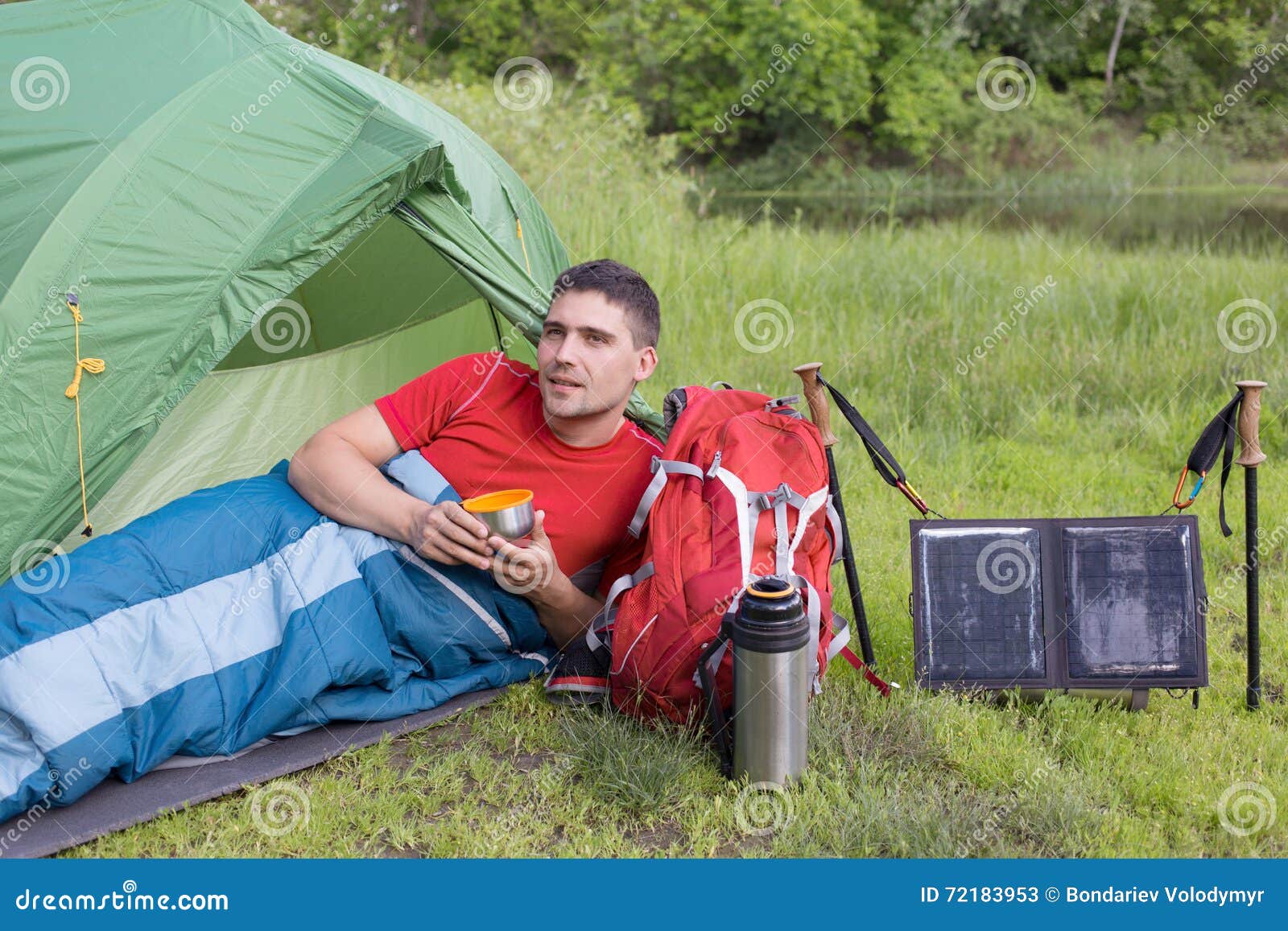 The Man at the Campsite in the Woods . Stock Image - Image of battery ...
