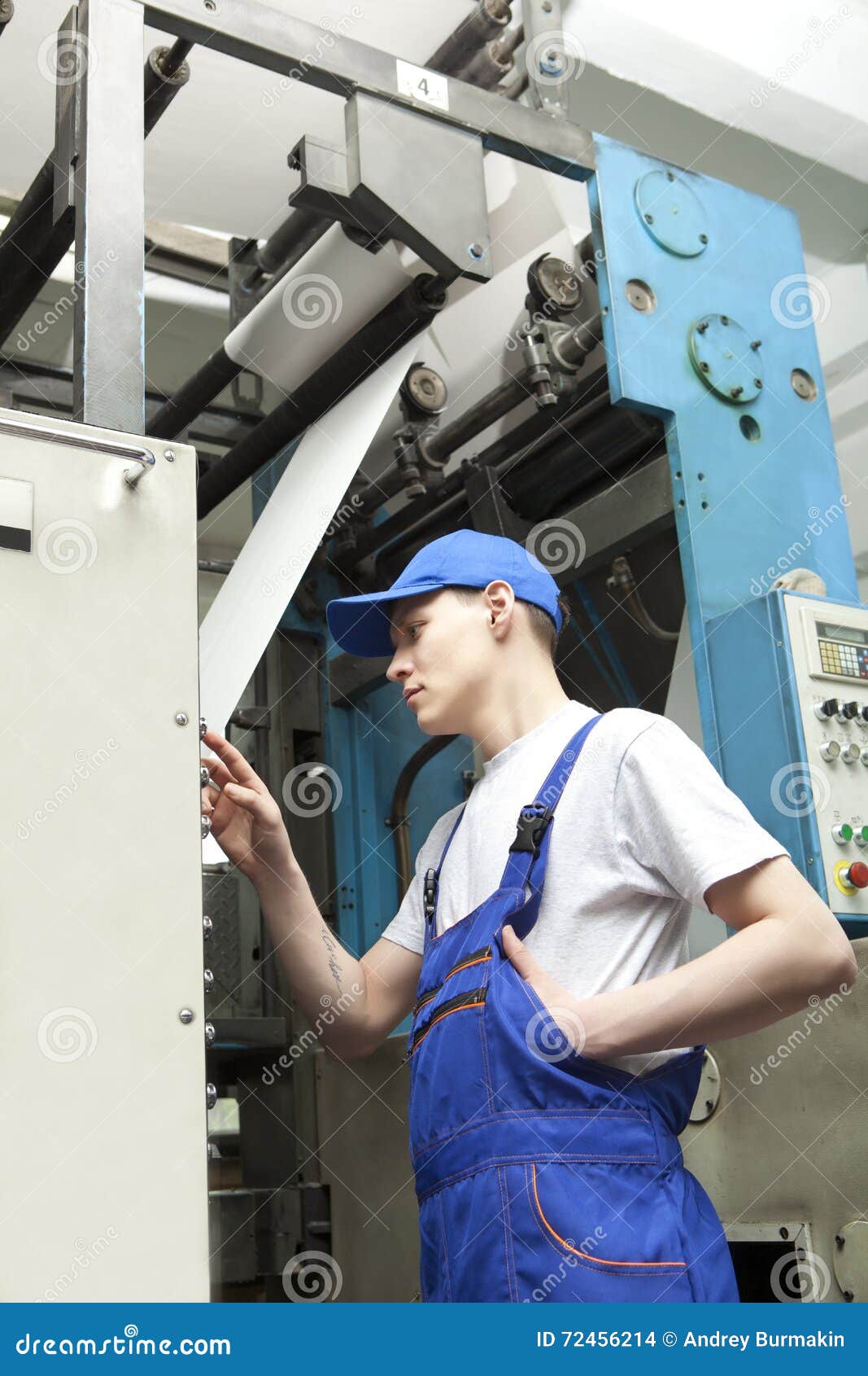 Man in Cap Working in Newspaper Factory Stock Photo - Image of machine ...