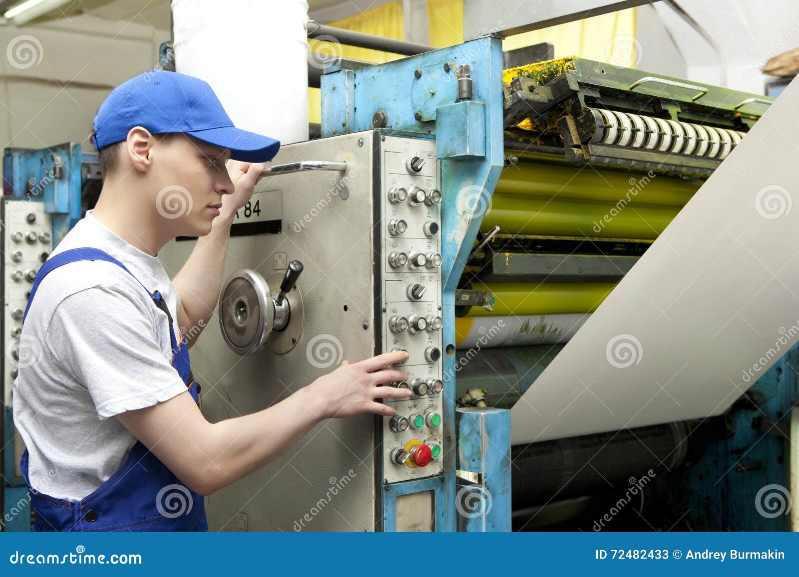 Man in Cap Working in Newspaper Factory Stock Image - Image of blue ...