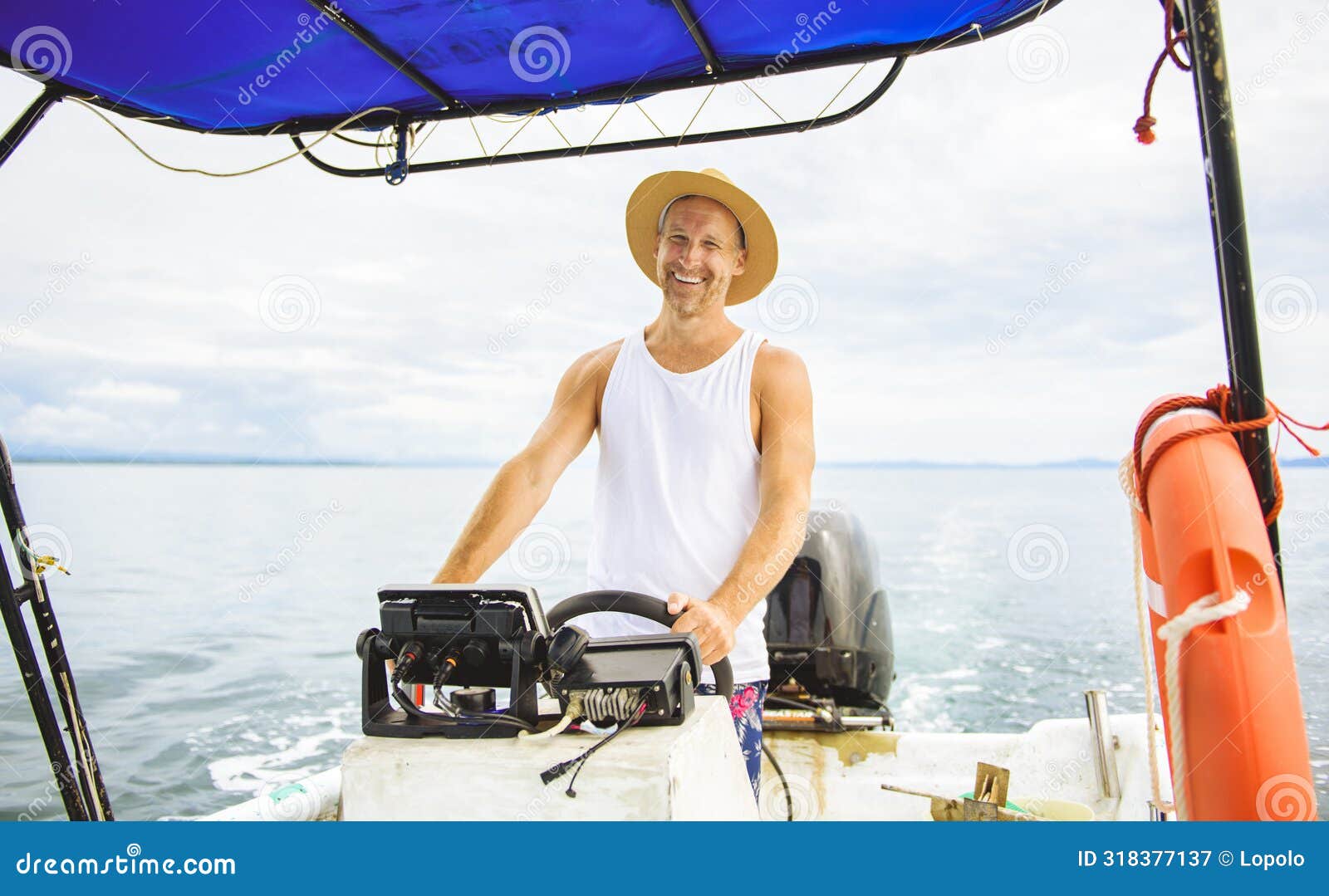 Man Captain Driving Boat on Ocean Tour Stock Image - Image of boat ...