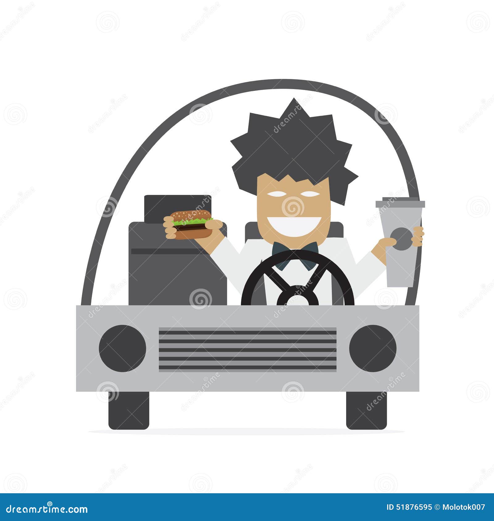 Man in Car Eating Burger and Drinking Coffee Stock Vector ...