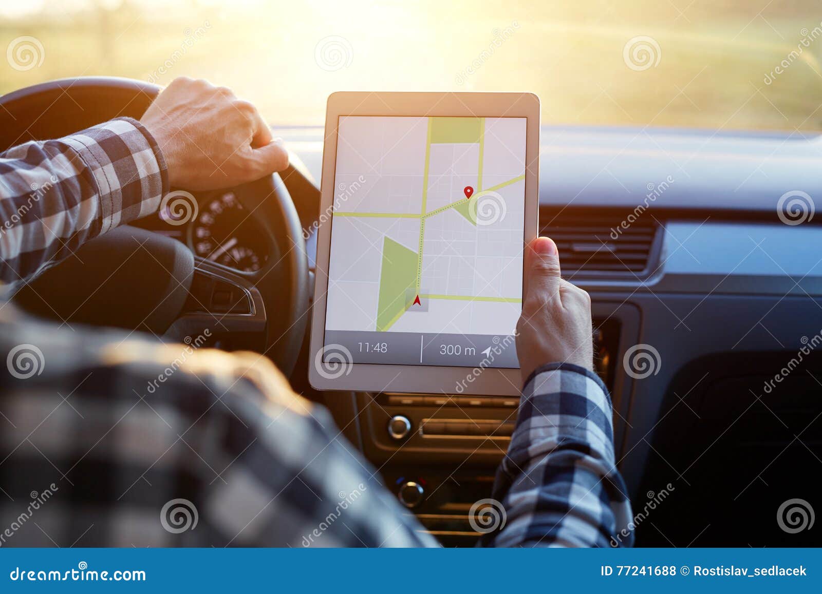 Man in Car and Holding Tablet with Map Gps Navigation Stock Photo ...