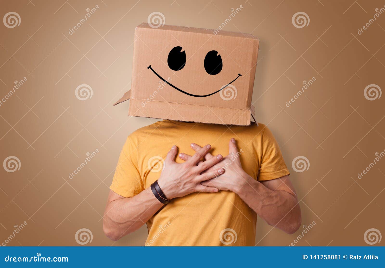 Man with cardboard head stock image. Image of facial - 141258081