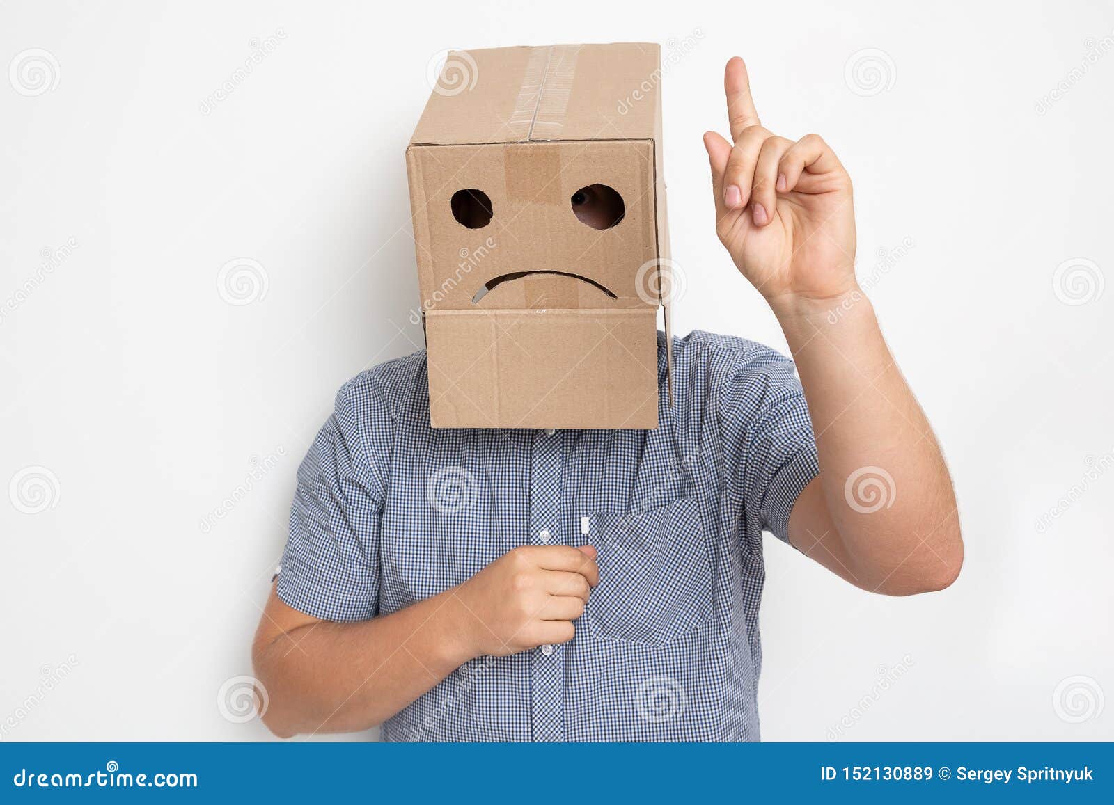 A Man with a Cardboard Box on His Head, a Sad Smiley Stock Image ...