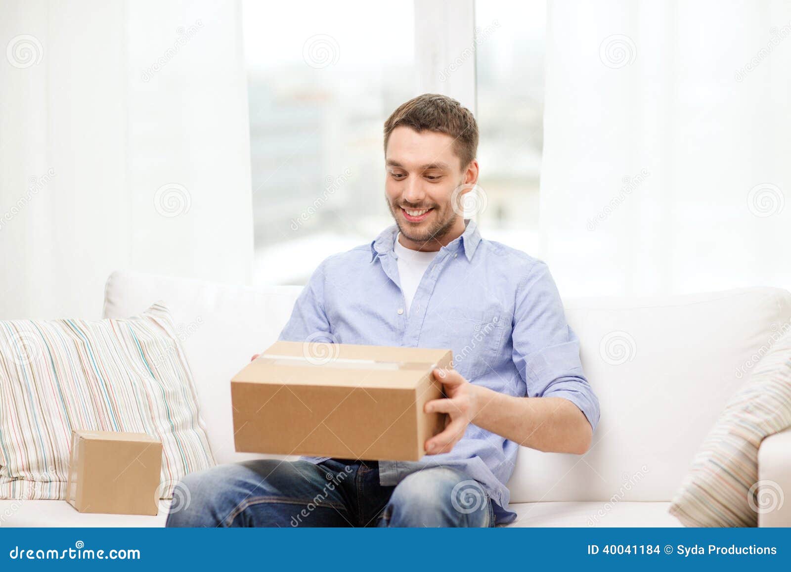 Man with Cardboard Boxes at Home Stock Photo - Image of parcel, people ...
