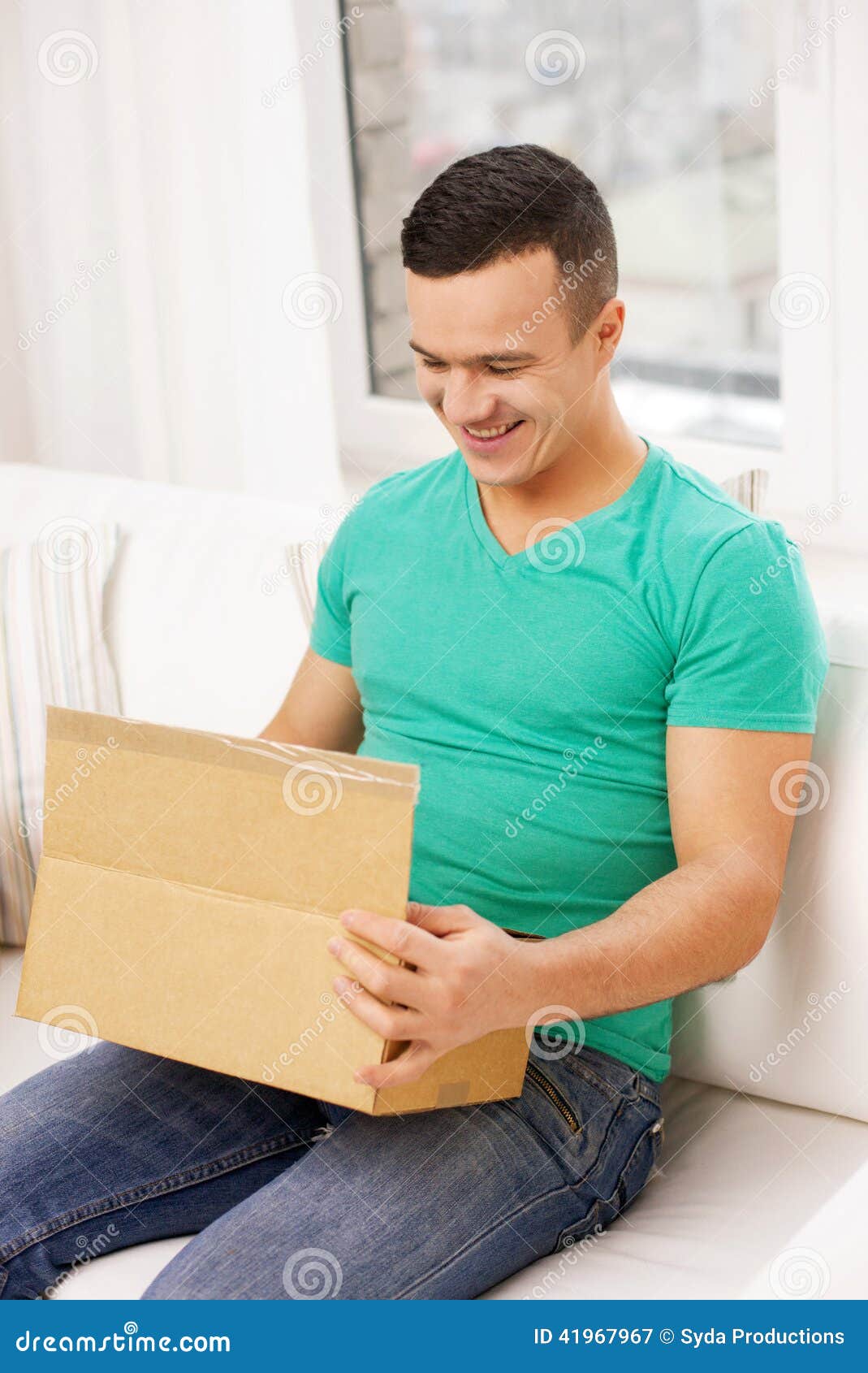Man with Cardboard Boxes at Home Stock Image - Image of open, home ...