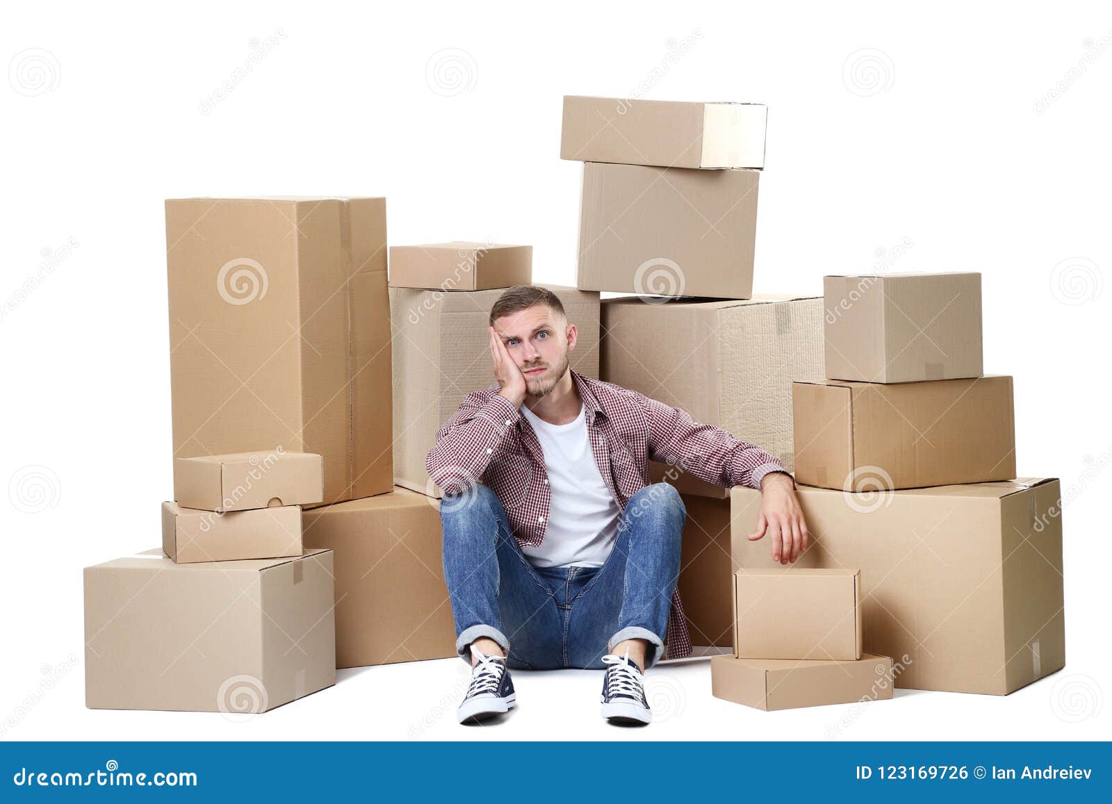 Man with cardboard boxes stock photo. Image of move - 123169726