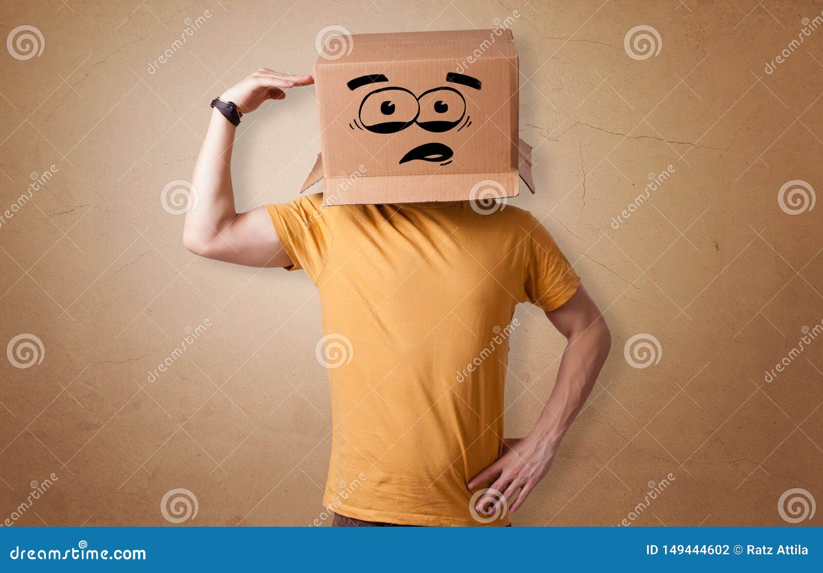 Man with cardboard head stock photo. Image of feedback - 149444602