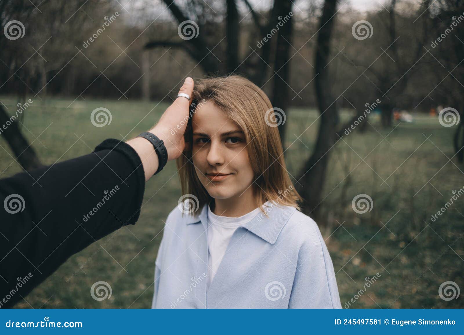 A Man Caresses the Face of His Beloved Outside. Stock Image - Image of ...