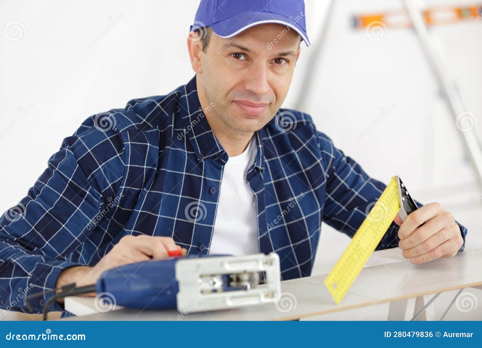 Man Carpenter Looking at Camera Stock Photo - Image of measuring ...