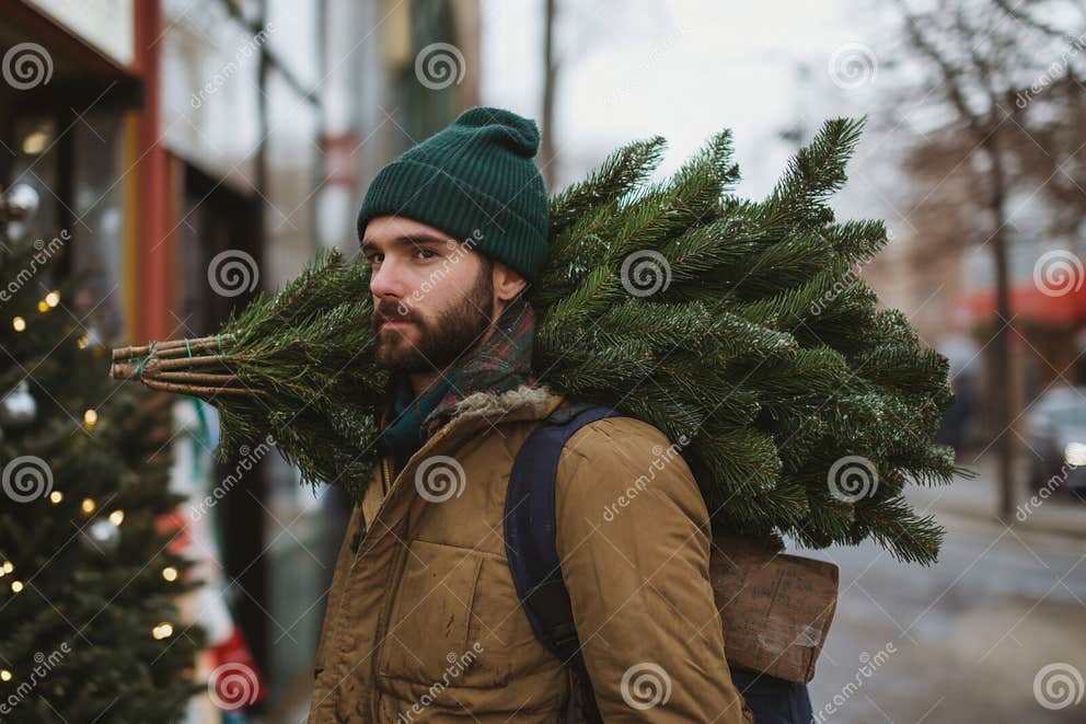 Man Carrying a Christmas Tree on His Back Stock Illustration ...