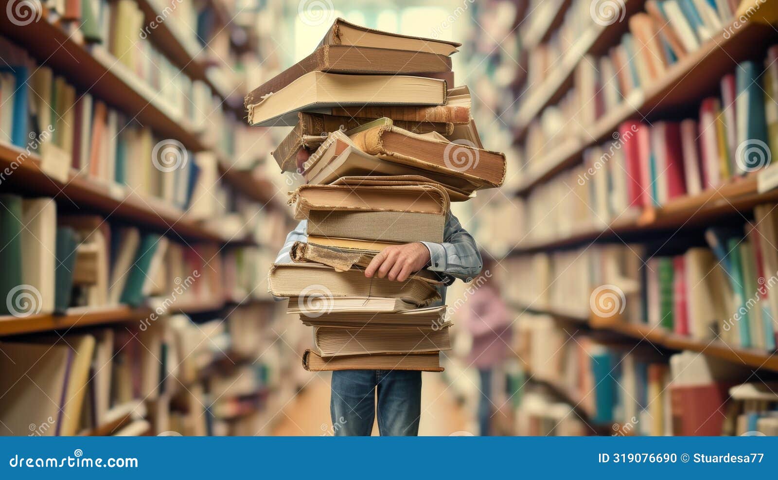 Man Carrying Large Stack of Books in Library Stock Photo - Image of ...