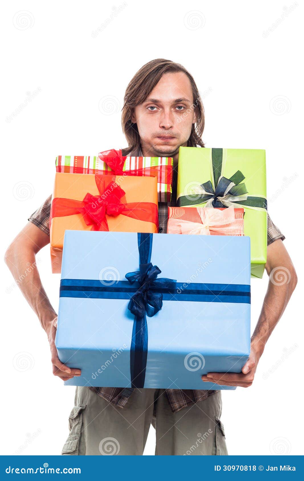 Man carrying many gifts stock photo. Image of funny, isolated - 30970818