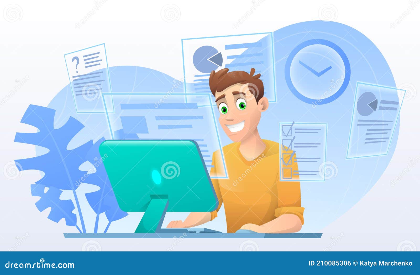A Man in a Cartoon Style at a Computer Works Performs Many Tasks at the ...