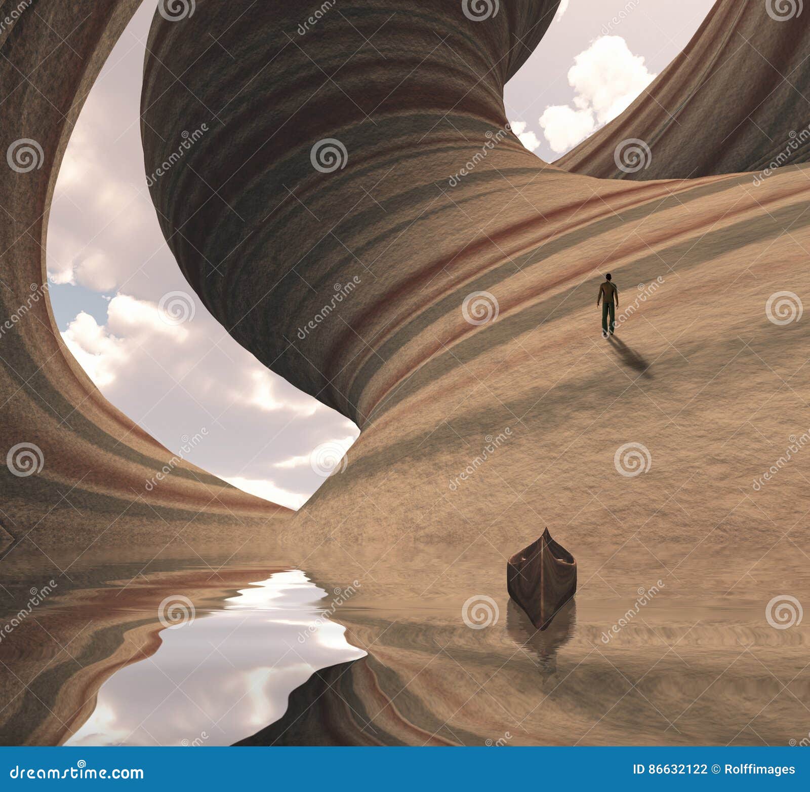 Man on Carved Canyon Rock and Boat in Water Stock Illustration ...