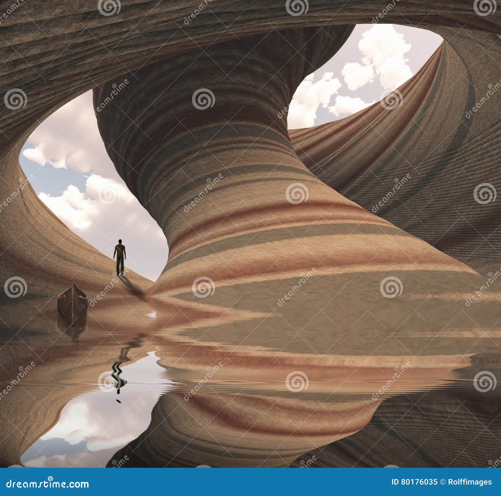 Man on Carved Canyon Rock and Water Stock Illustration - Illustration ...