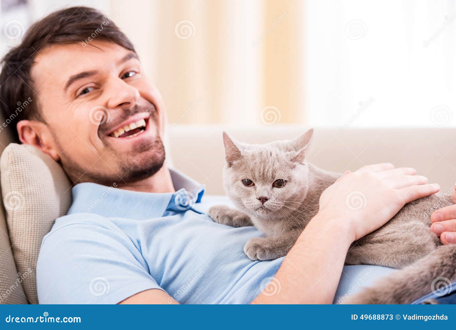 Man with cat stock image. Image of adult, laptop, owner - 49688873
