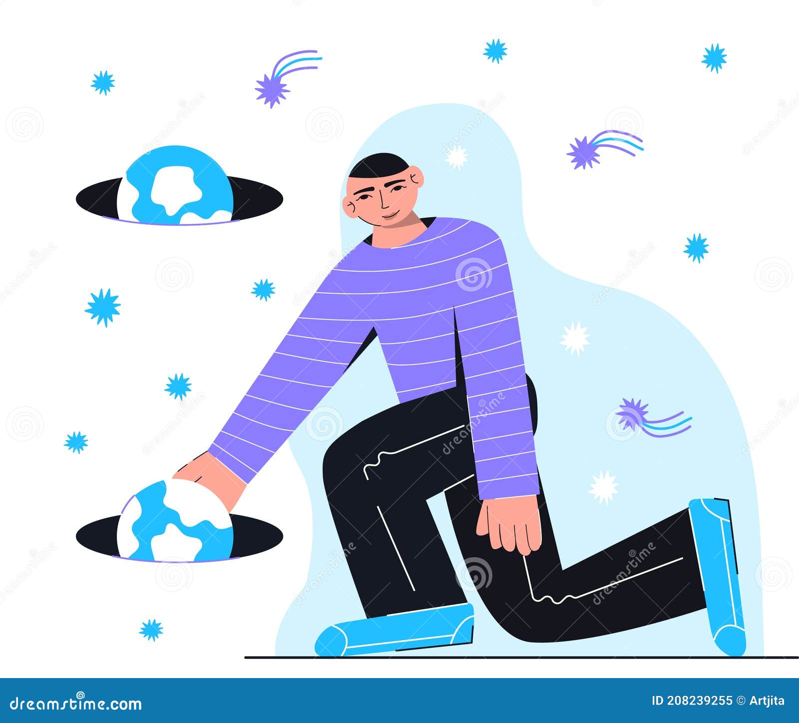 Man Catch, Hold Little Planet, Earth or Throw in Space Portal. Creative ...