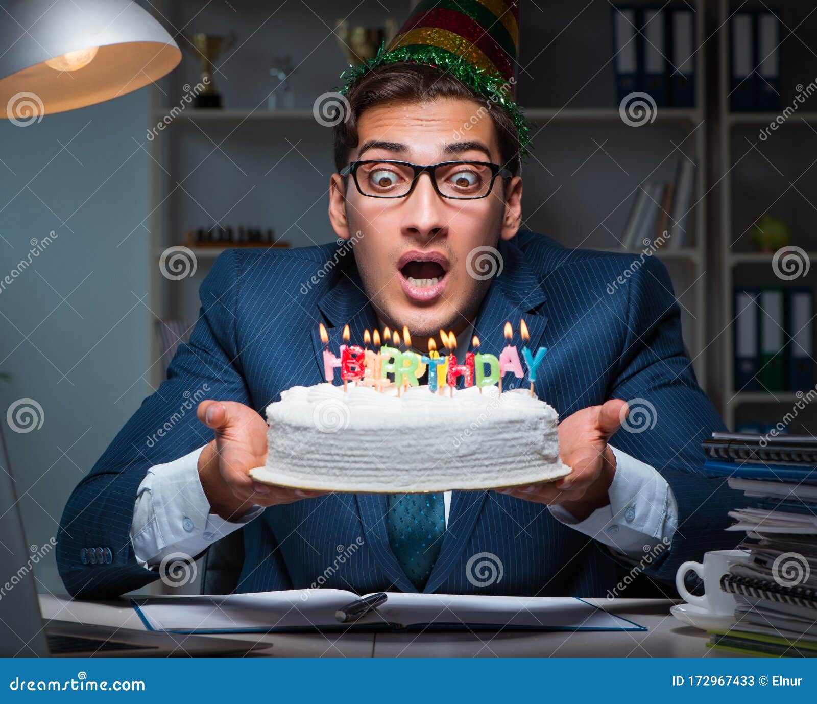 Man Celebrating Birthday in the Office Stock Image - Image of candle ...