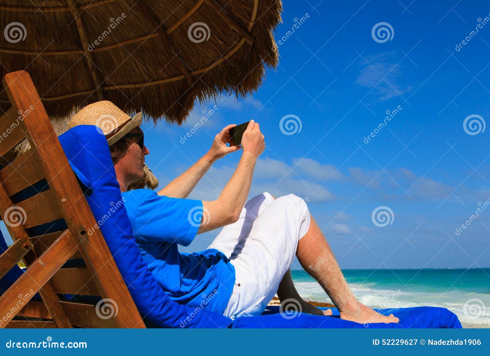 Man with Cell Phone on Tropical Beach Stock Image - Image of business ...
