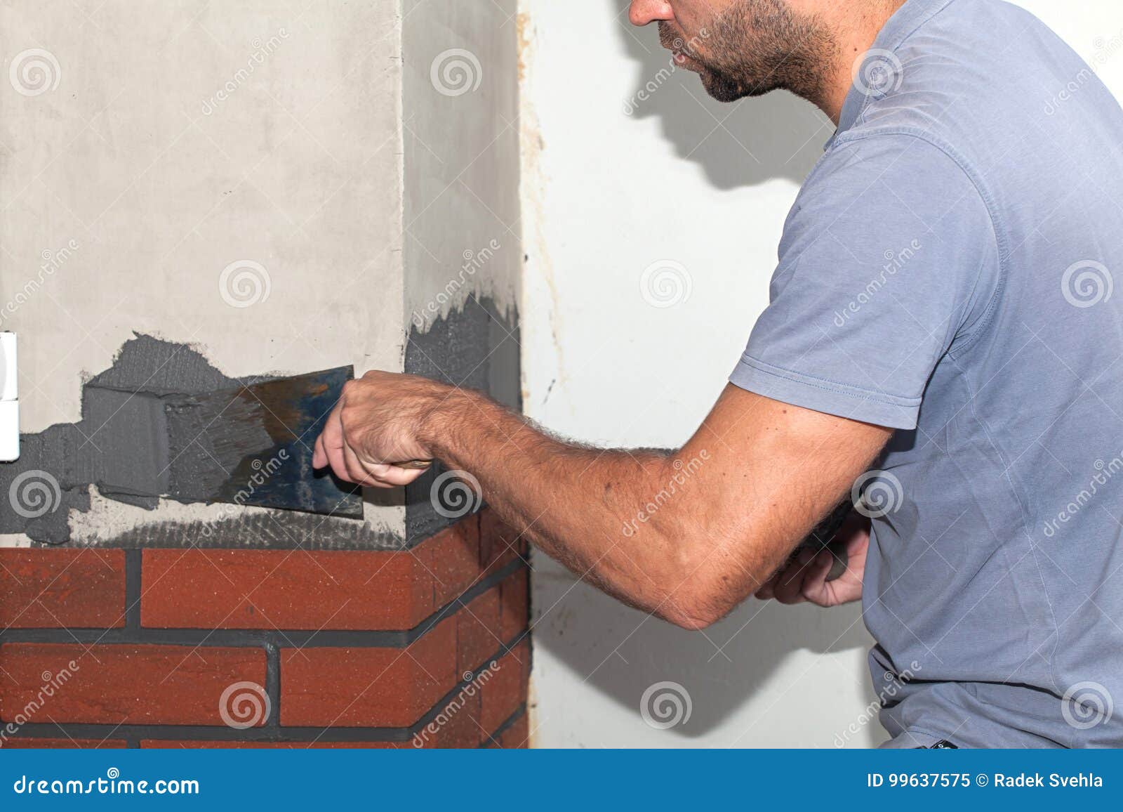 Worker Stuck Stone Cladding On The Facade. Stock Image | CartoonDealer ...