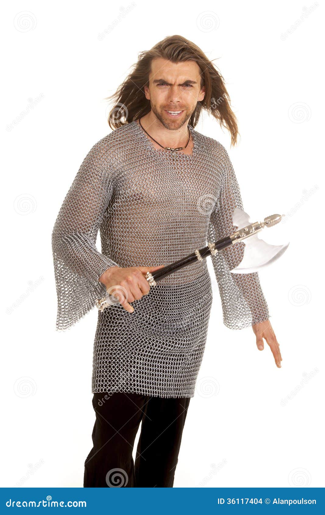Man Chain Mail Axe Hold in Front Stock Photo - Image of history, iron ...