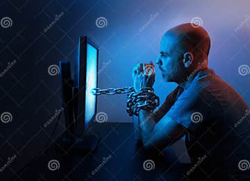 Man chained to computer stock photo. Image of media, desk - 50763118