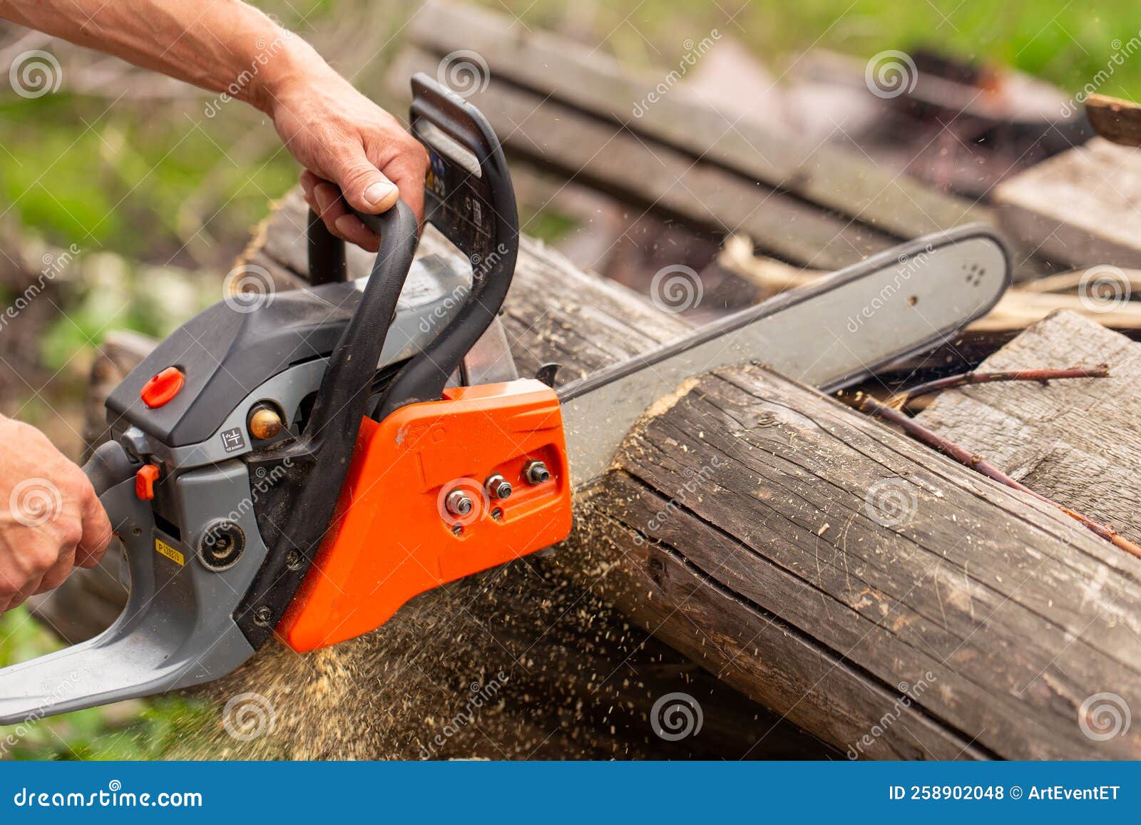 Man with Chainsaw Cutting the Tree Stock Photo - Image of fuel ...