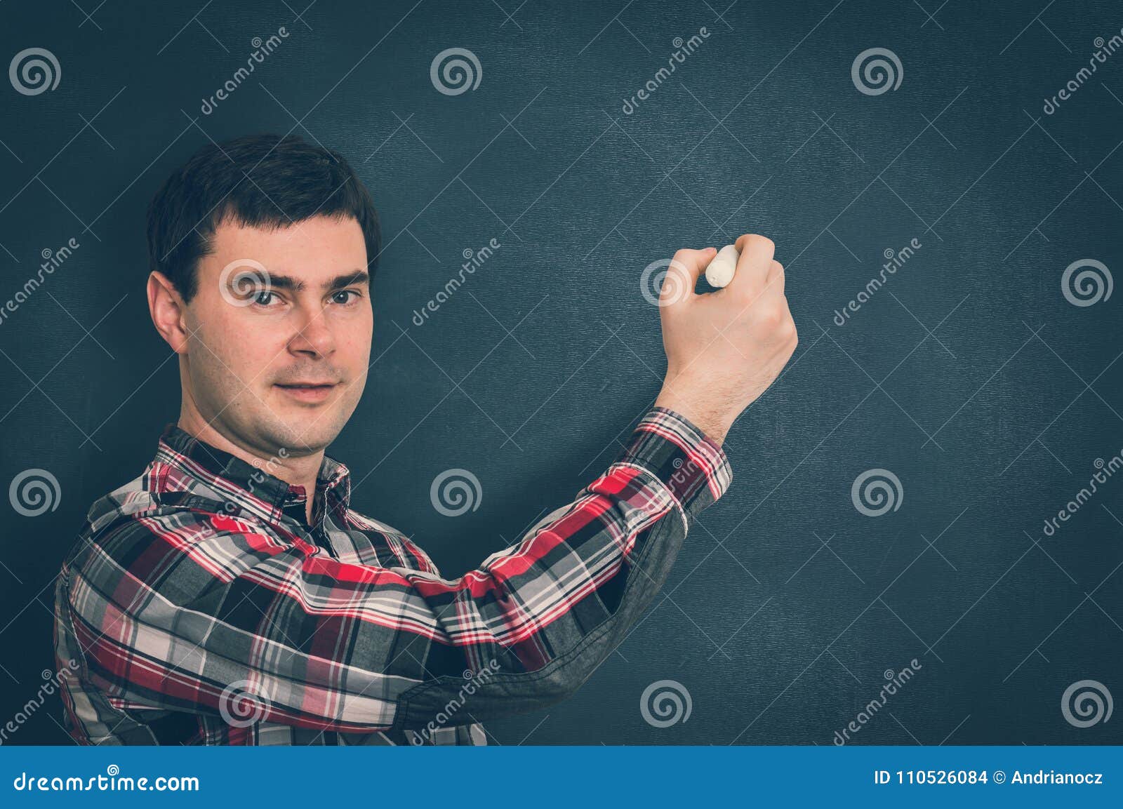 Man with Chalk is Writing on Blackboard - Retro Style Stock Photo ...
