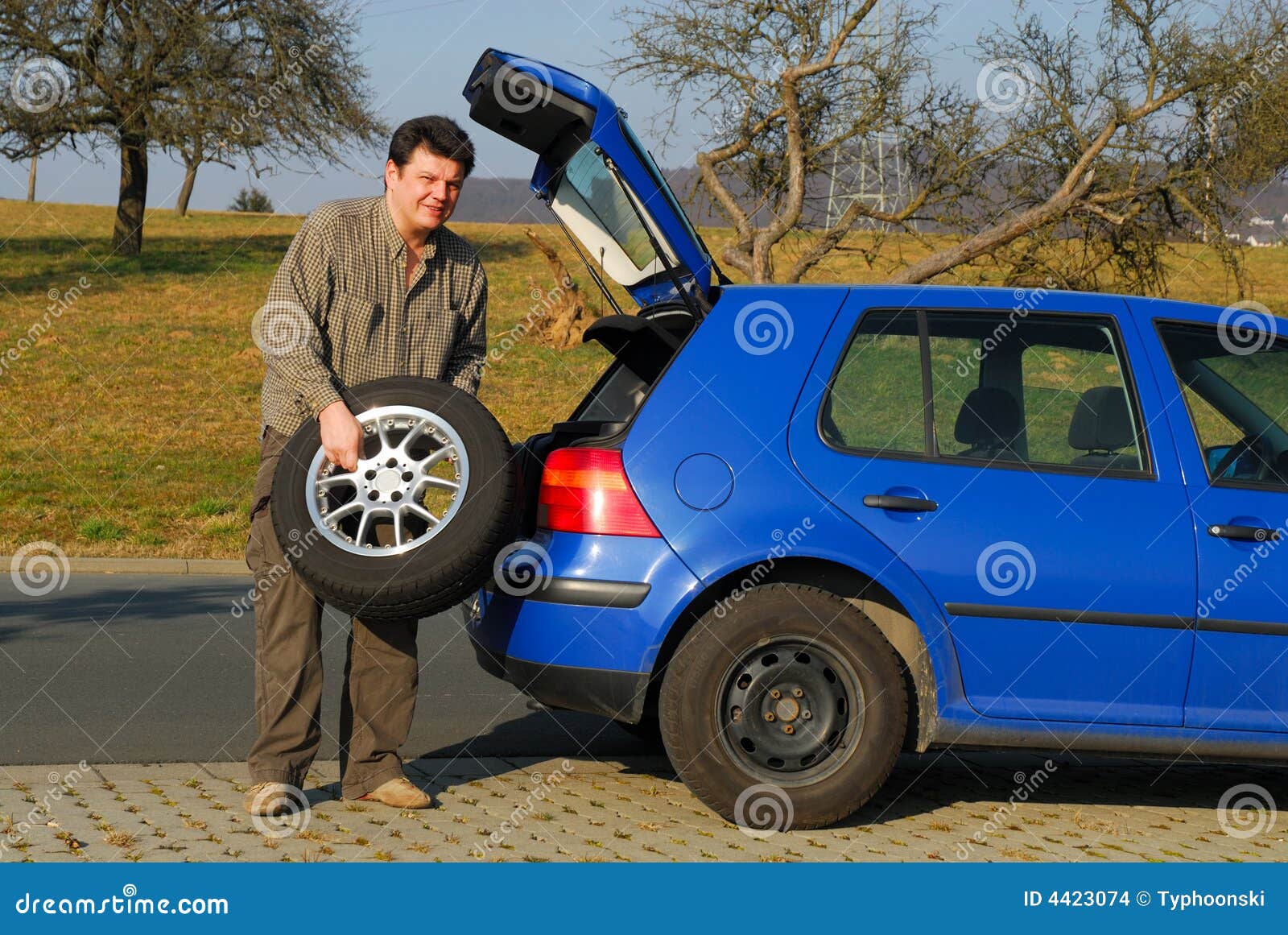 Man changing a tire stock photo. Image of transportation - 4423074