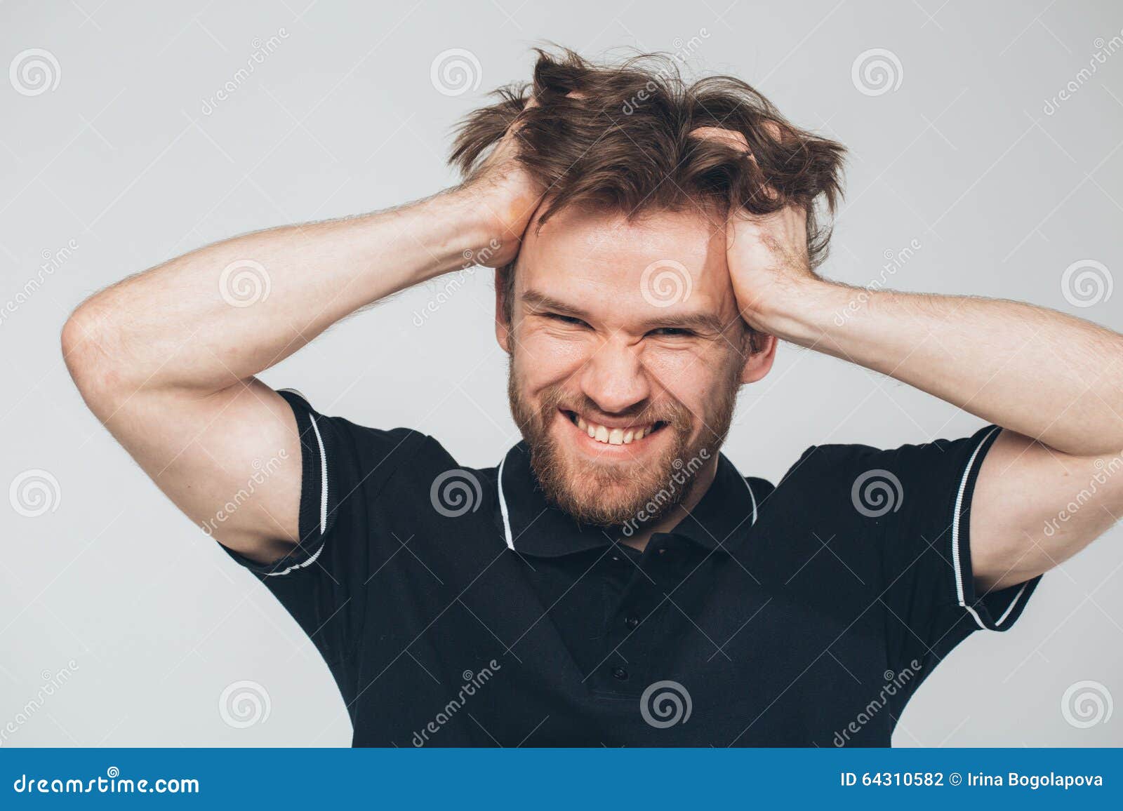 Man with chaos hair hands stock photo. Image of beard - 64310582