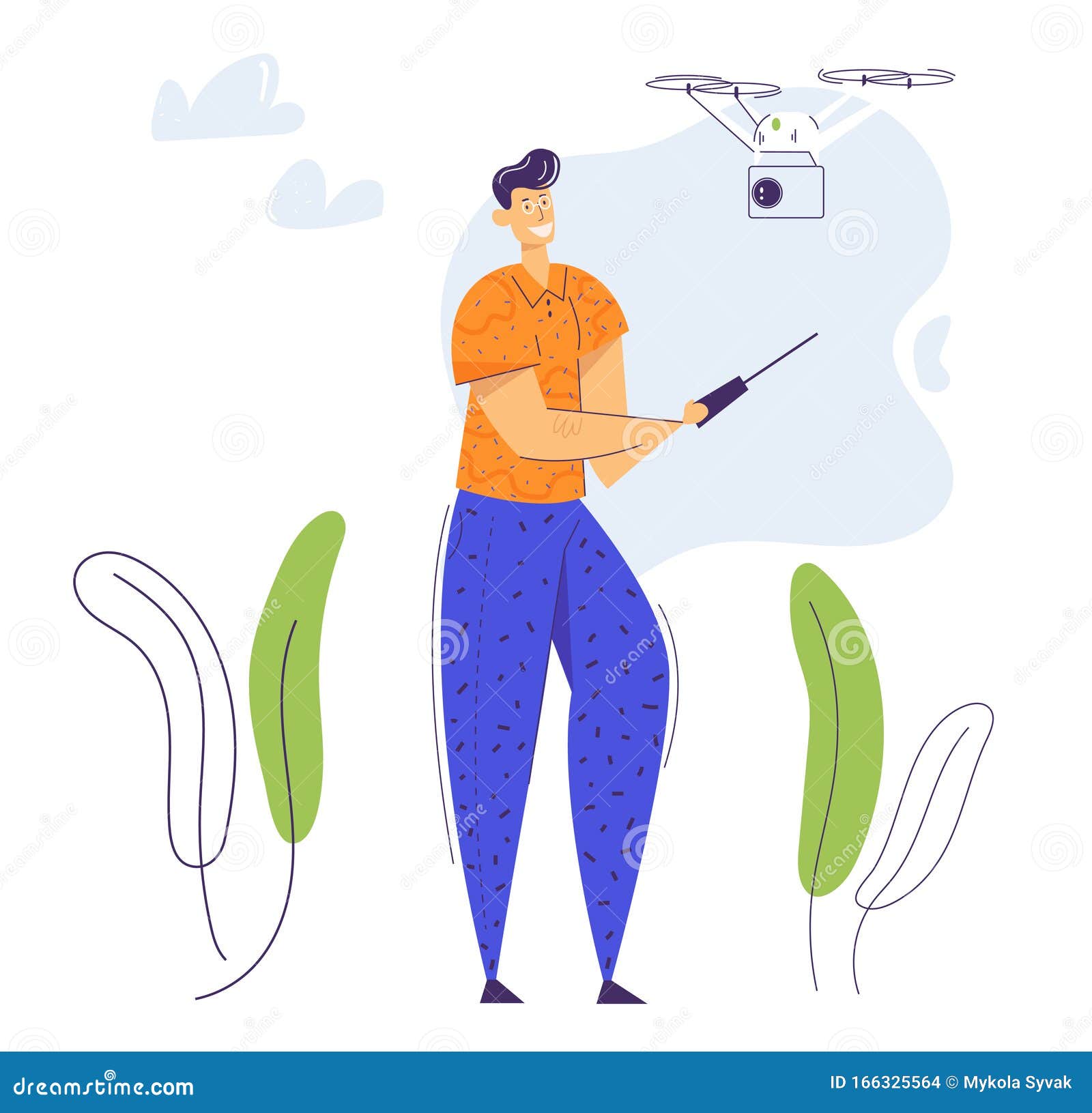 Man Character Flying Drone with Remote Control. Video Photo Camera ...