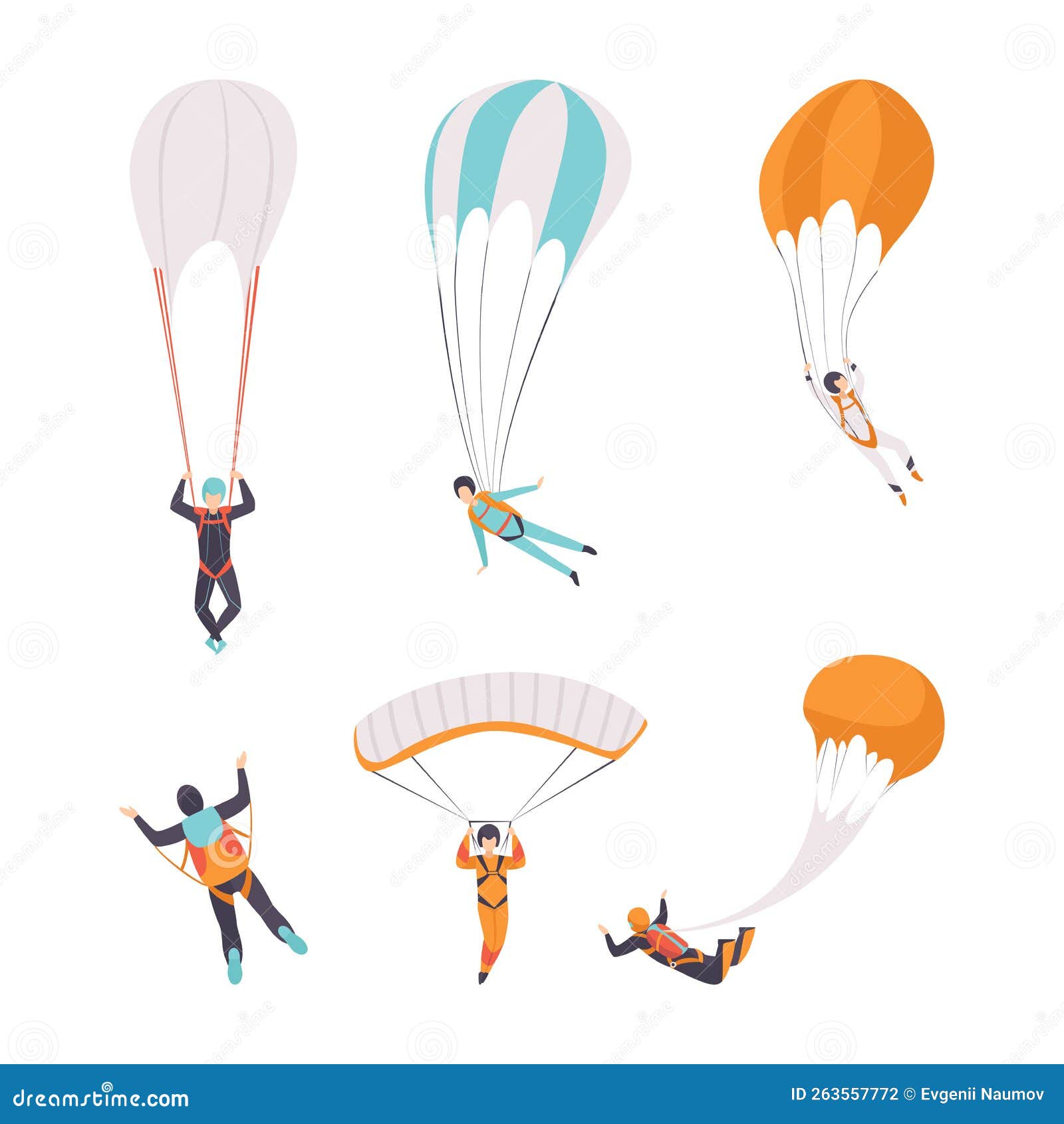 Man Character Skydiving Falling Down With Parachute Vector Set ...