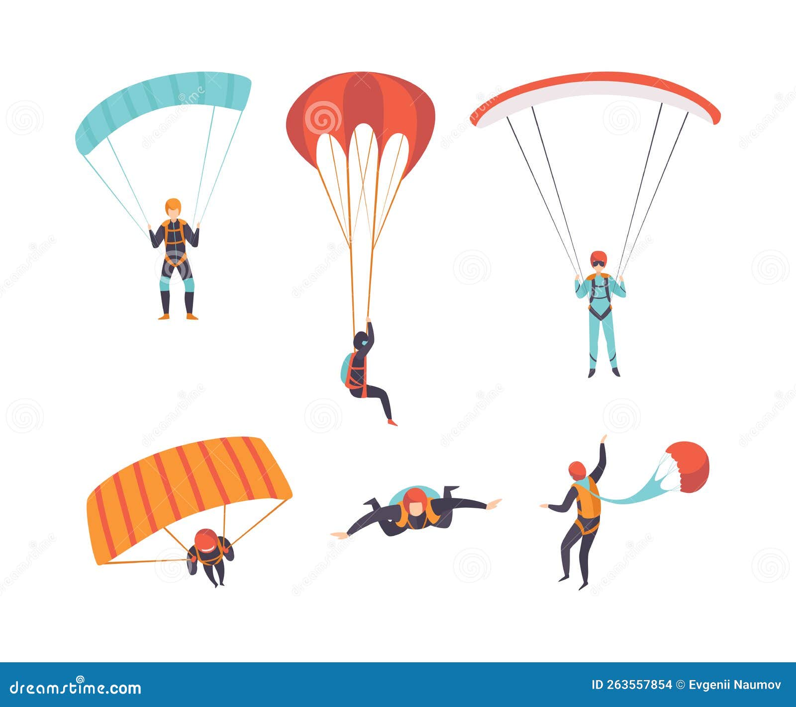 Man Character Skydiving Falling Down With Parachute Vector Set ...
