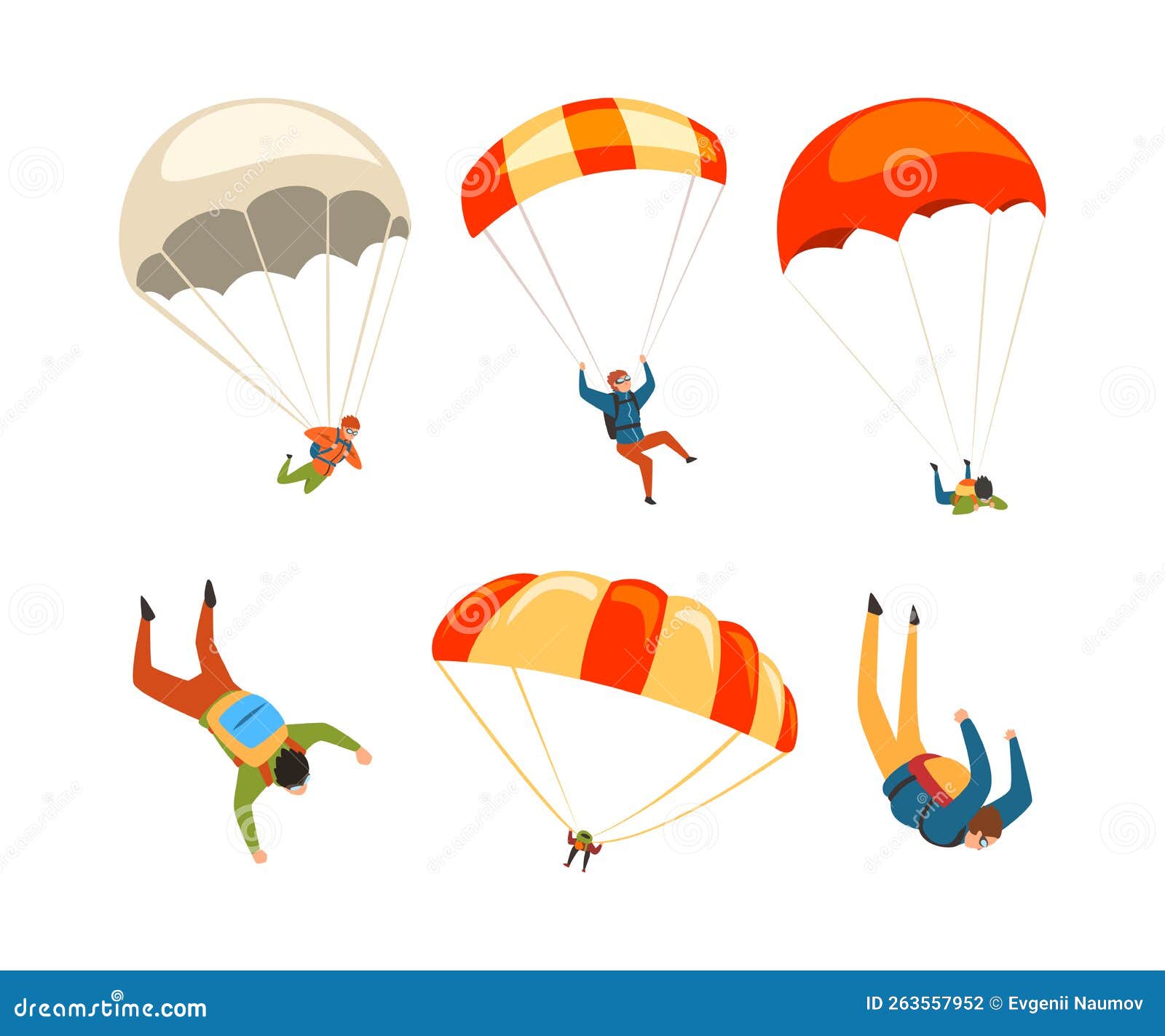 Man Character Skydiving Falling Down with Parachute Vector Set Stock ...