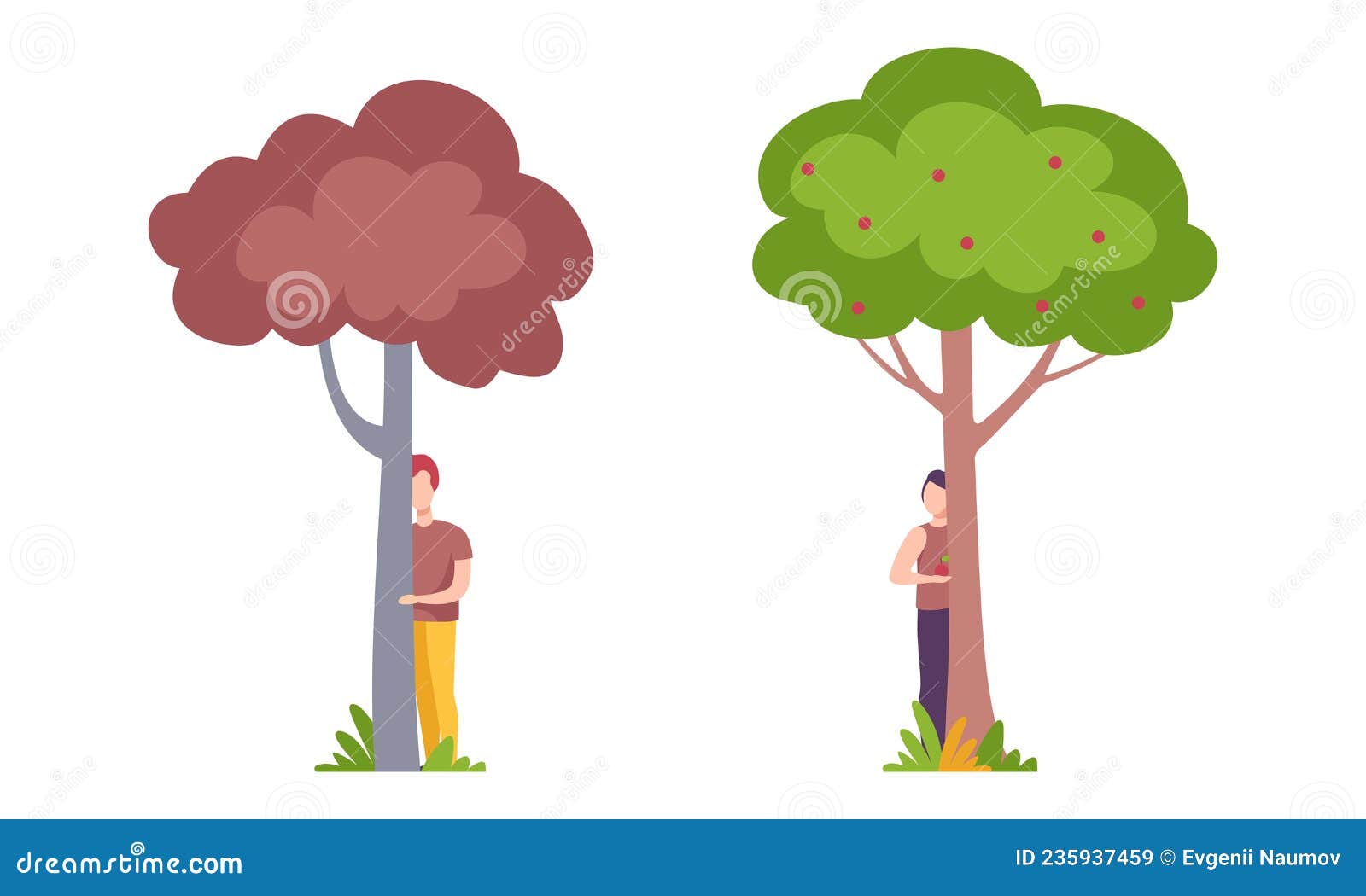 Man Character Standing Behind Tree Trunk Peeking and Looking Vector Set ...