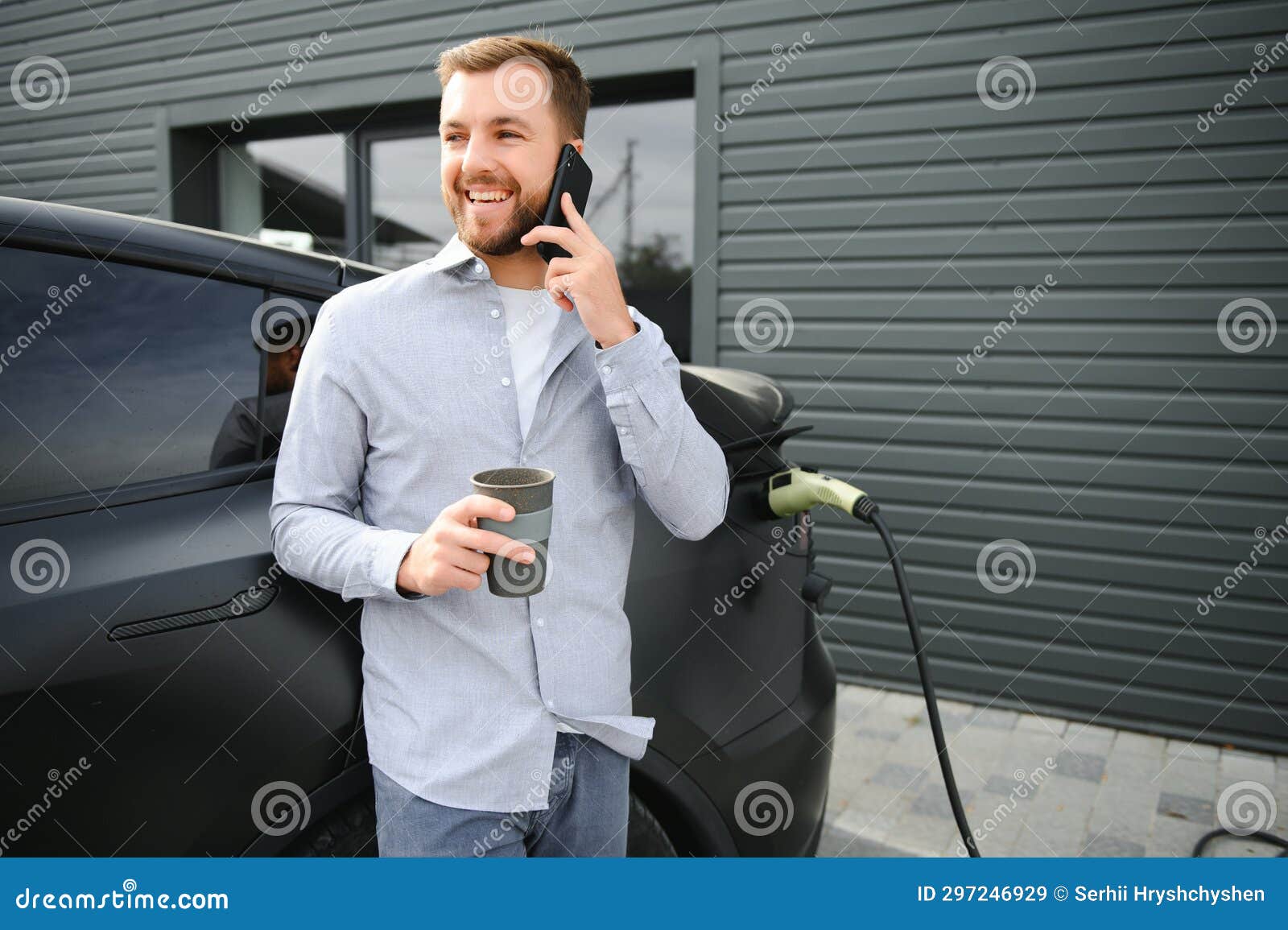 Man Charging Electric Car by the House Stock Image - Image of vehicle ...