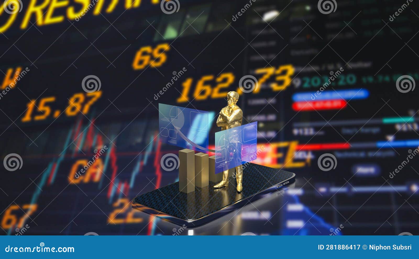 The Man and Chart Screen on Mobile Phone for Business Applications 3d ...