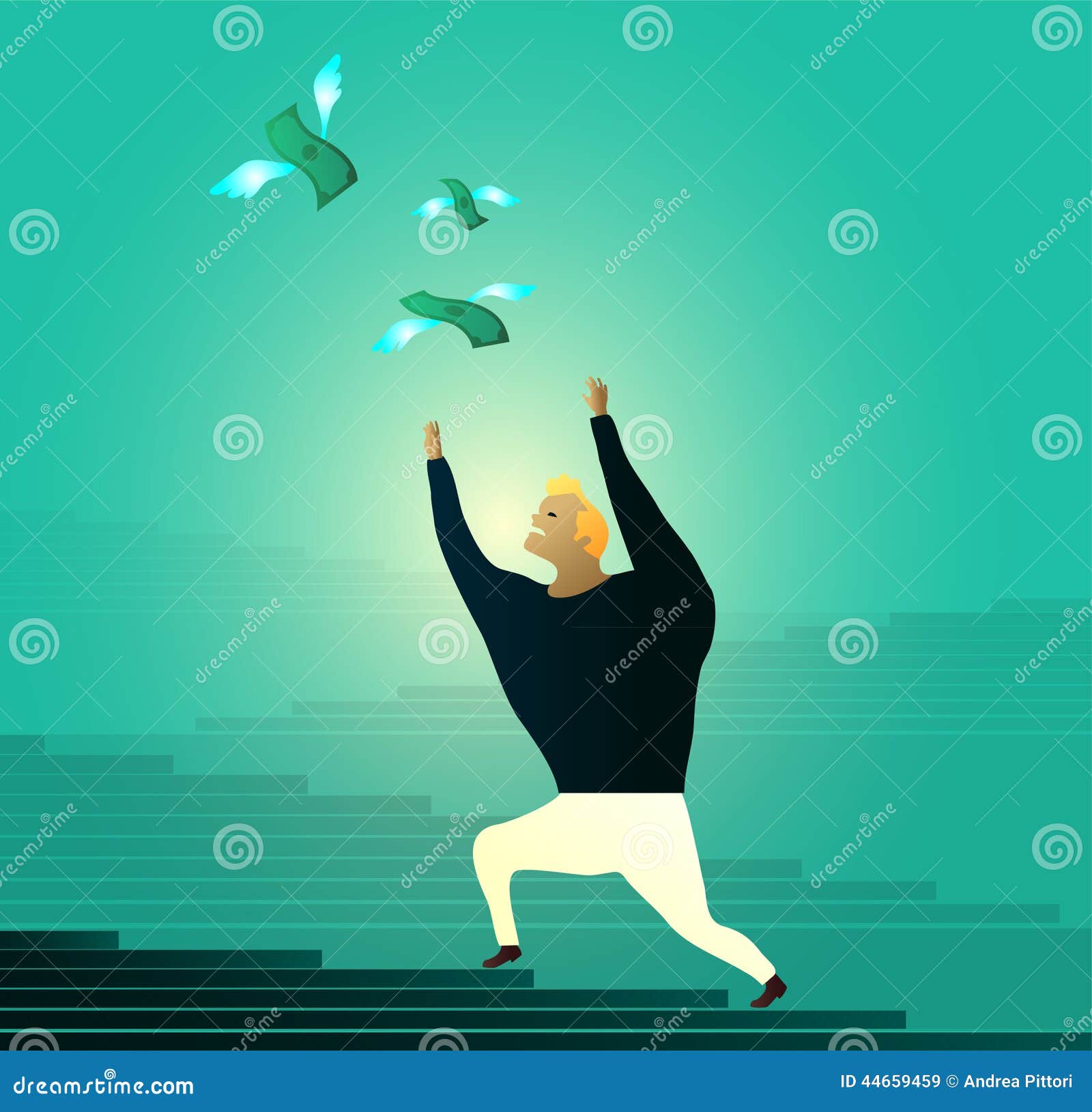 Man Chasing Money, Runs after Flying Dollar Bills Stock Illustration ...