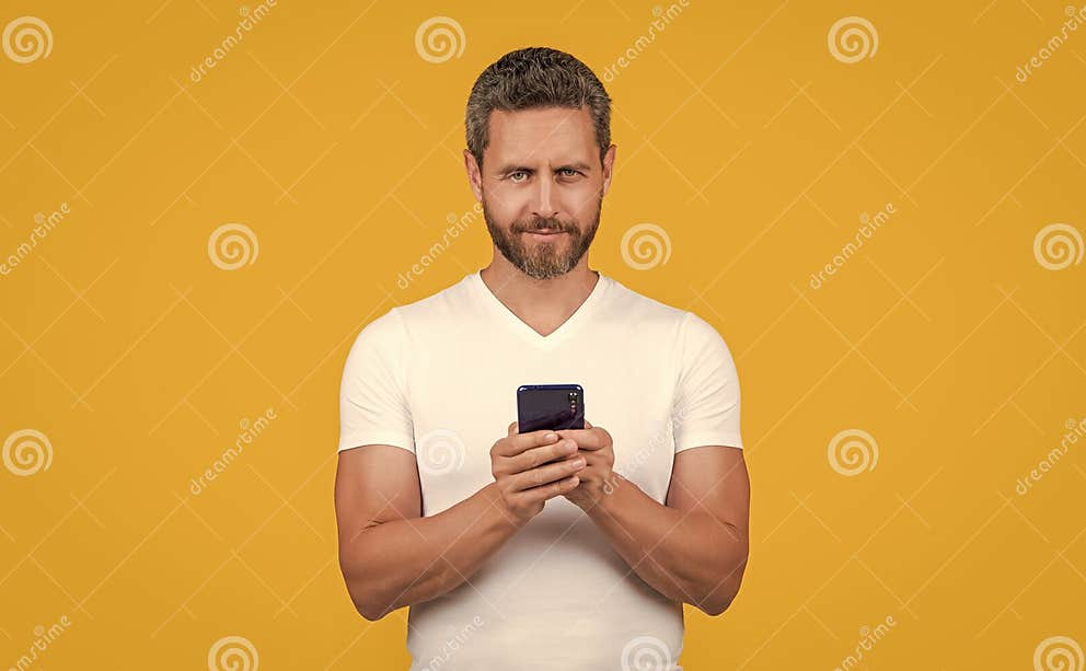 Man Chat on Communication Smartphone. Man Check Smartphone ...