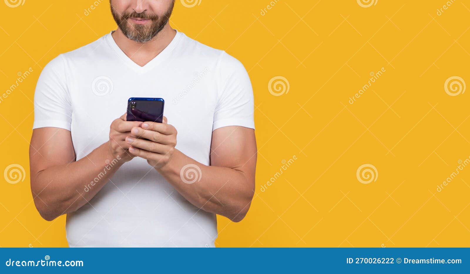 Man Chat on Smartphone Isolated on Yellow with Copy Space. Man Chat on ...
