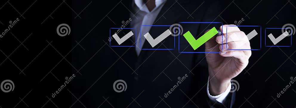 Man with Check Mark on Virtual Screen Stock Photo - Image of screen ...