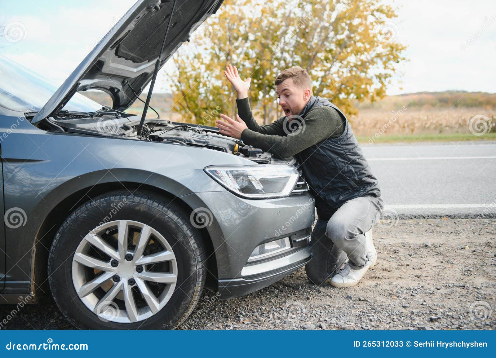 Man Checking His Broke Down Car Stock Image - Image of male, motor ...