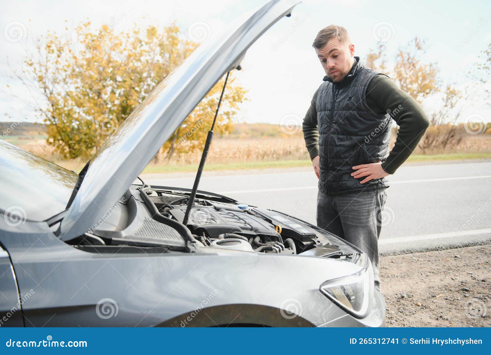 Man Checking His Broke Down Car Stock Image - Image of emergency, road ...