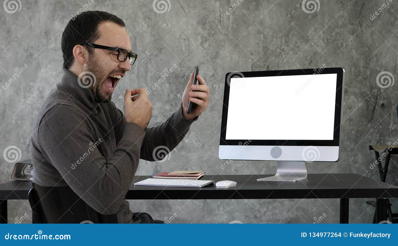 Man Checking His Teeth in the Office Near Computer Screen. White ...