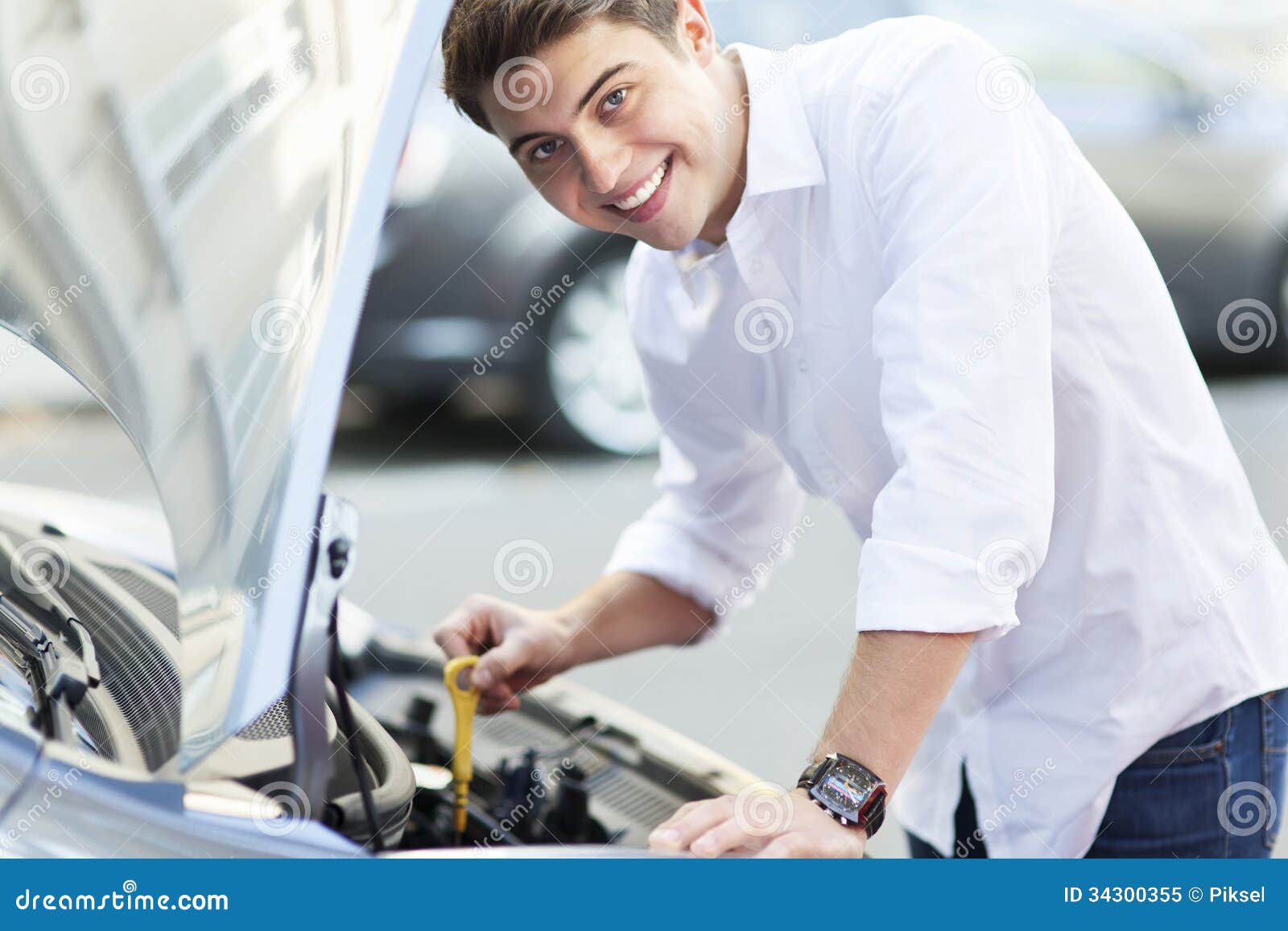 Man Checking Oil Level in Car Stock Image - Image of happy, person ...