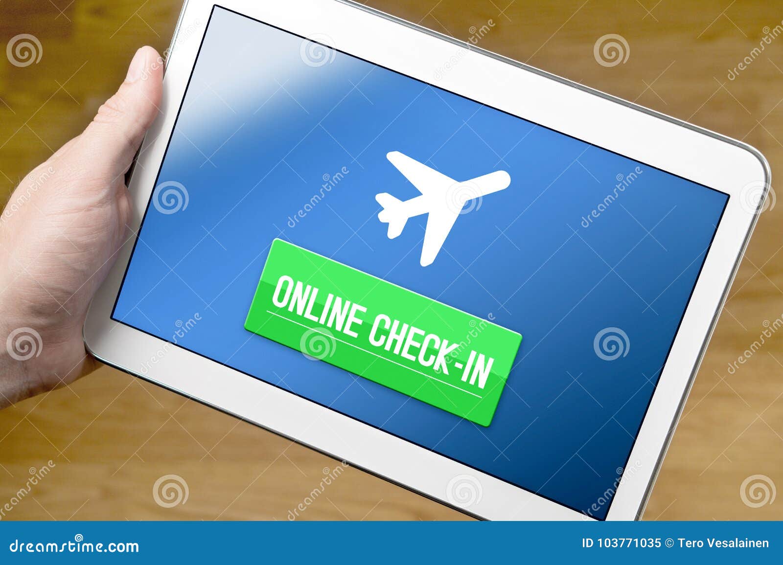 Man Checking in To Flight with Tablet on the Internet. Stock Image ...