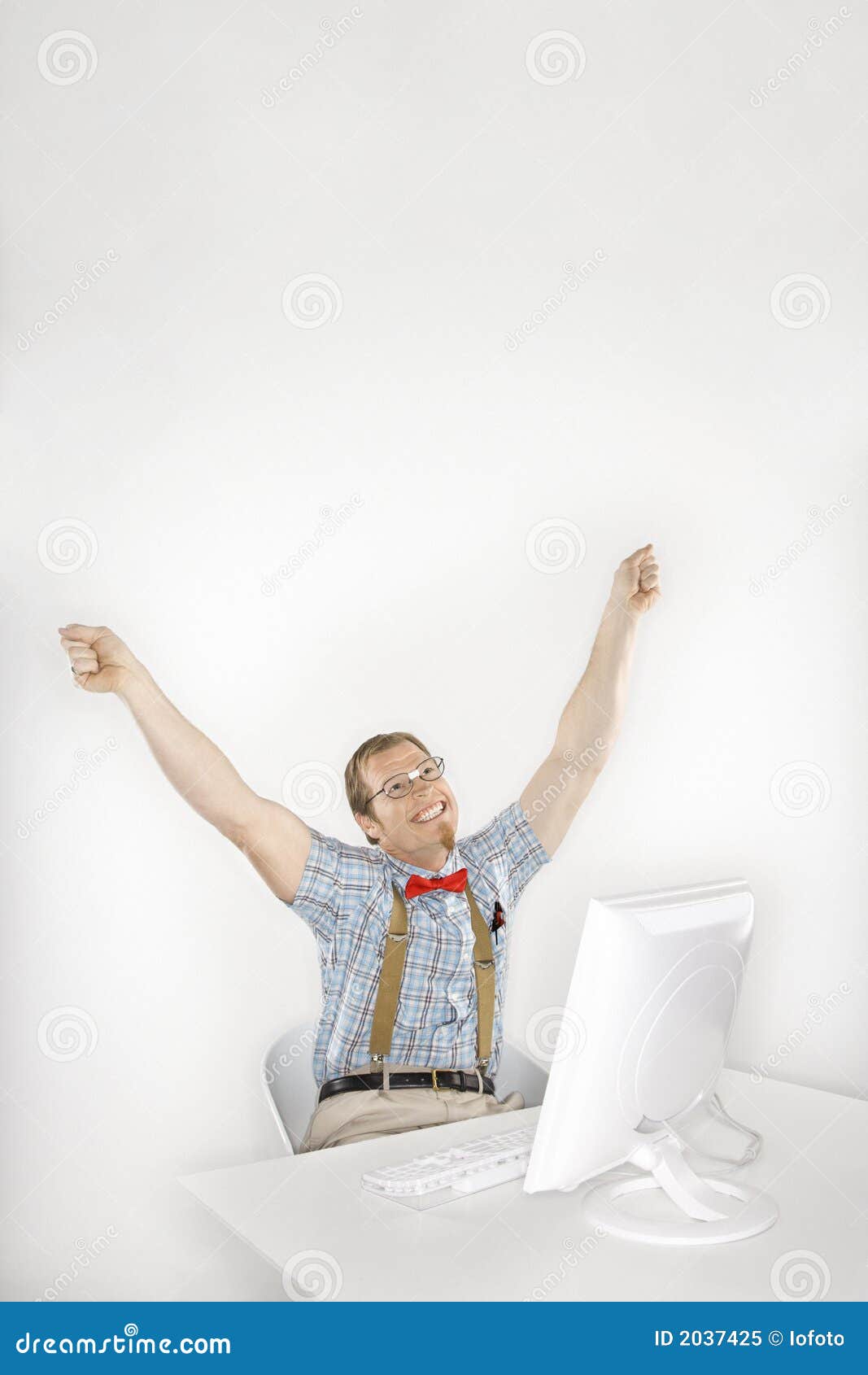 Man Cheering in Front of Computer. Stock Image - Image of copy, arms ...