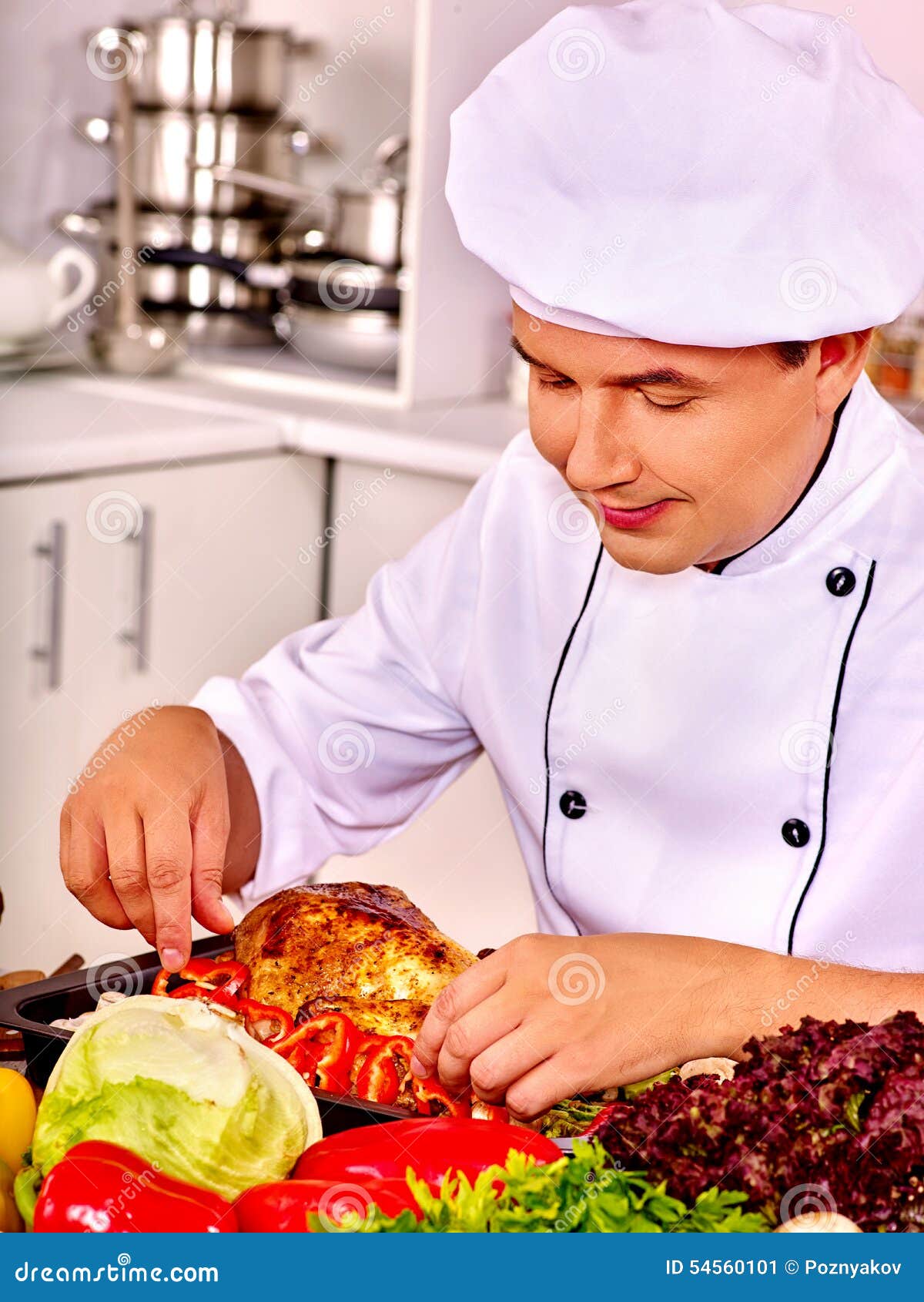 Man in Chef Hat Cooking Chicken Stock Image - Image of dinner, kitchen ...